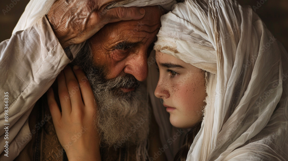 An old man, father, prophet, gives instructions to a young woman ...