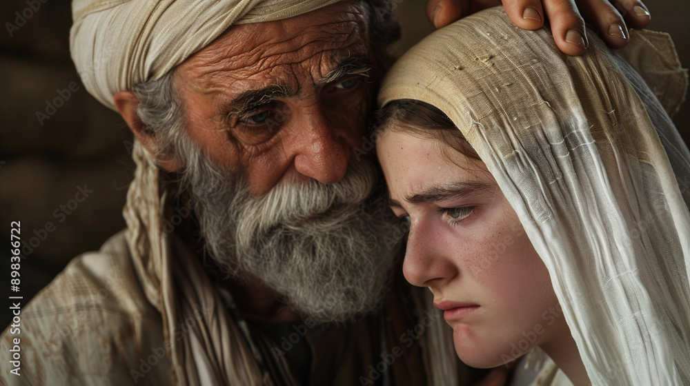 Old father, prophet, blesses daughter. Esther and Mordecai. Biblical ...