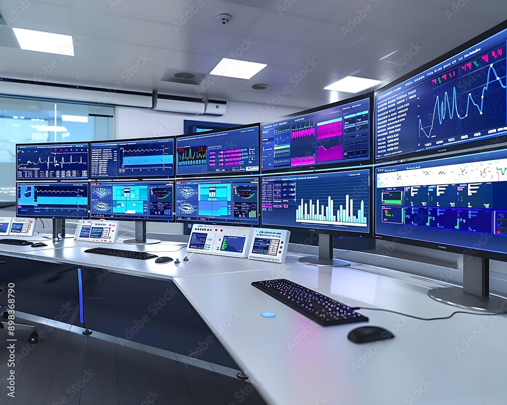 An advanced hospital control room with multiple screens displaying ...