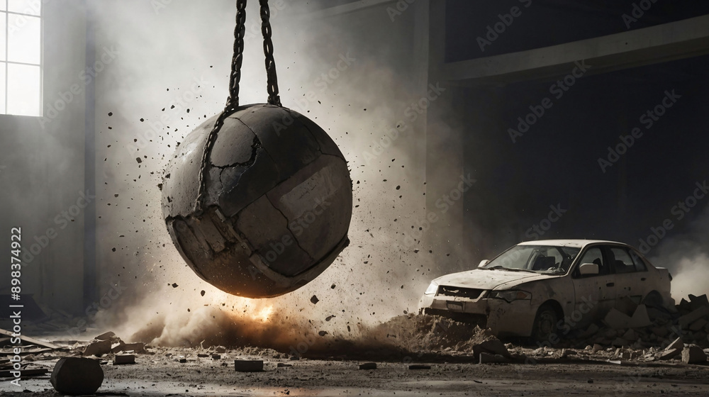 Wrecking ball smashing through concrete walls with debris at demolition ...