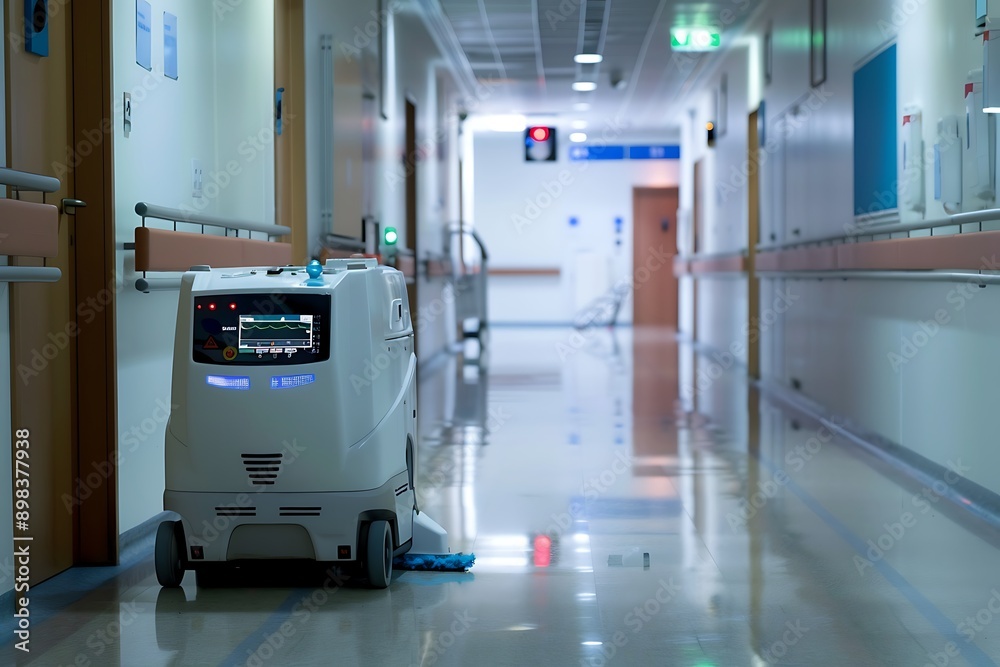 An automated cleaning robot disinfecting a hospital corridor ...