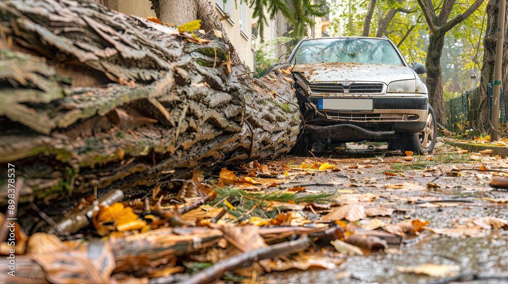 Car damaged by fallen tree after severe storm natural disaster ...
