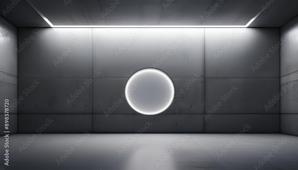 Abstract empty, modern concrete room with rounded rectangle light frame ...