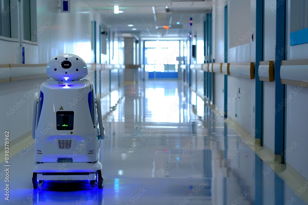 An automated cleaning robot disinfecting a hospital corridor ...