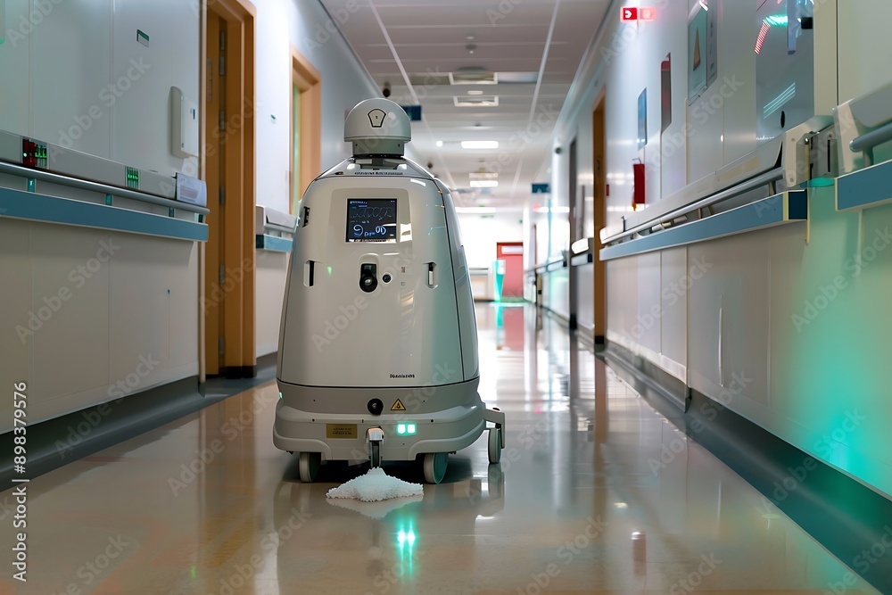 An automated cleaning robot disinfecting a hospital corridor ...