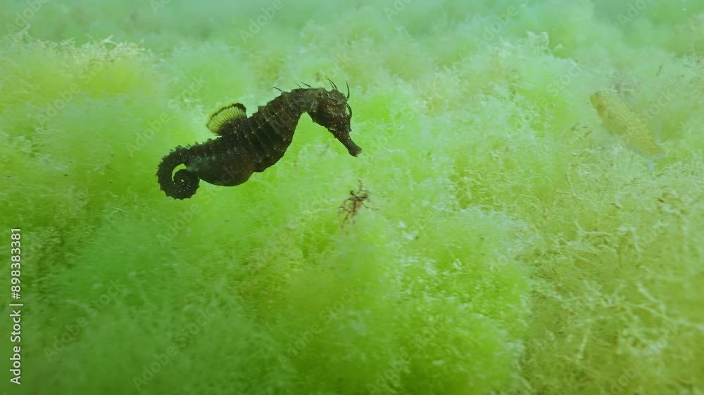 Beautiful pregnant male of Sea horse swimming over seabed covered with ...