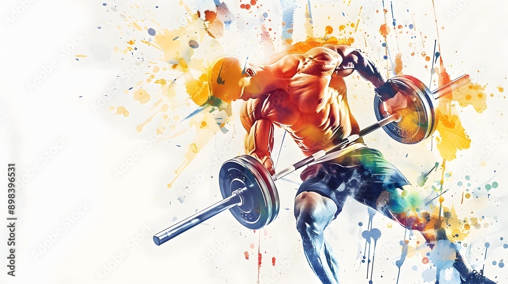 artistic watercolor illustration features a bodybuilder lifting a ...