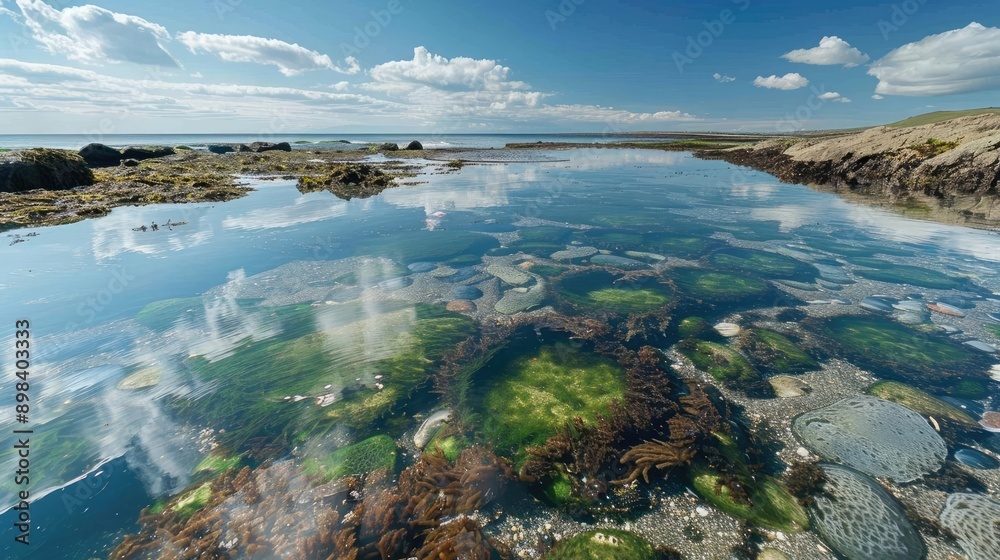 Tide pools filled with marine life at low tide, beach, micro ecosystem ...