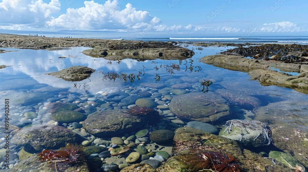 Tide pools filled with marine life at low tide, beach, micro ecosystem ...
