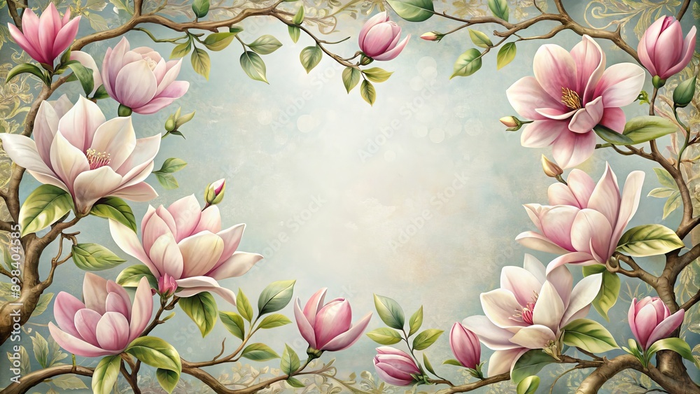 Delicate magnolia flowers and leaves intertwine with ornate borders ...