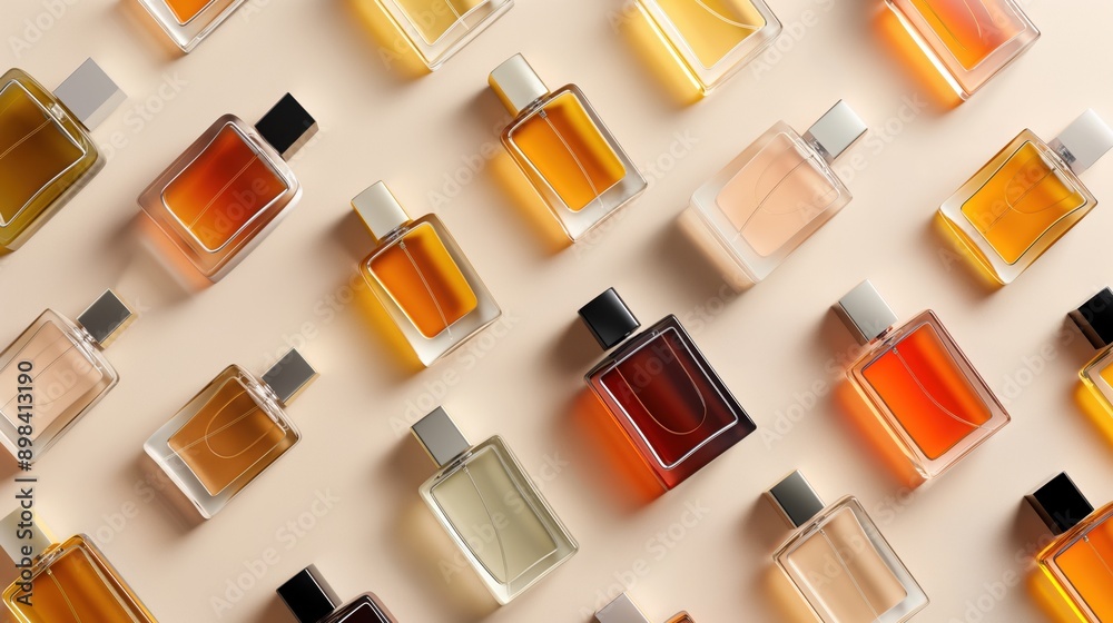 Various bottles of perfume arranged in a diagonal pattern on a beige ...