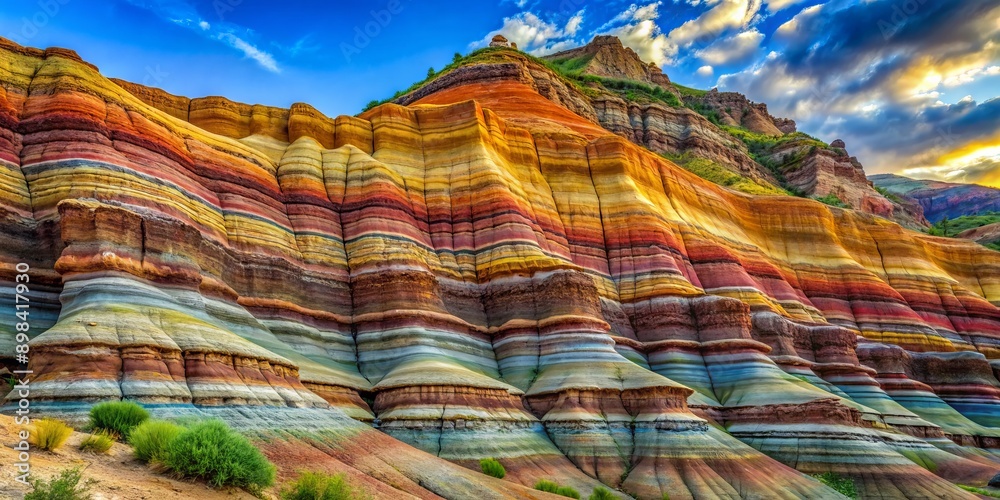 Vibrant multi-colored geological layers exposed in a rugged cliff face ...