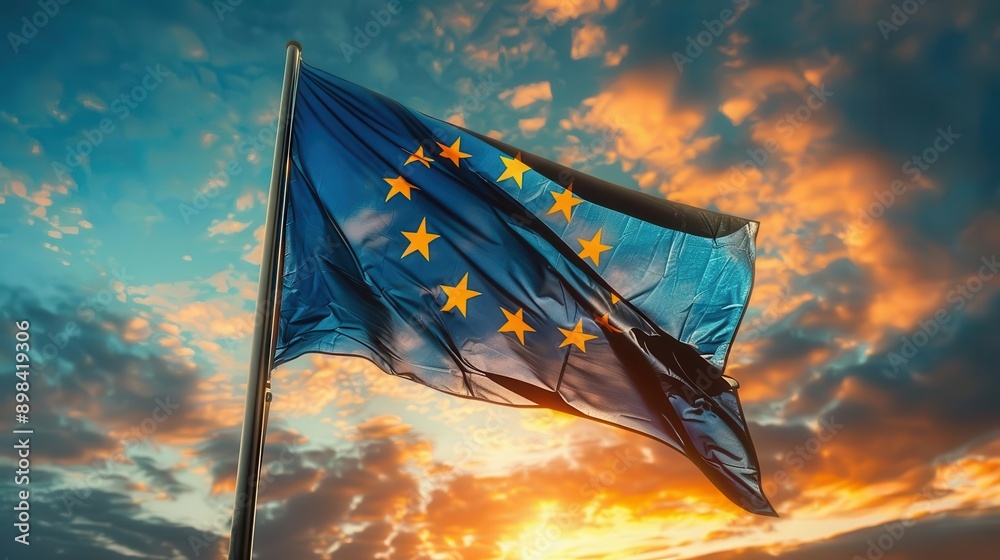 majestic european union flag billowing against a dramatic sunset sky ...