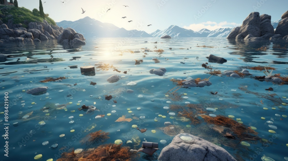 Plastic waste in the ocean. Plastic trash floating in the sea ...