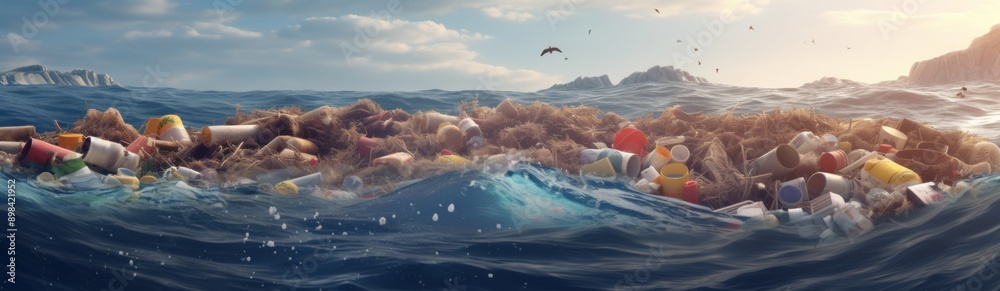 Plastic waste in the ocean. Plastic trash floating in the sea ...