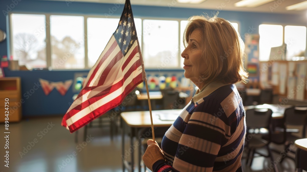 Elderly teacher proudly displaying an american flag in a classroom ...