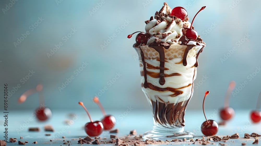 Decadent chocolate sundae, crystal sundae glass, swirled vanilla soft ...