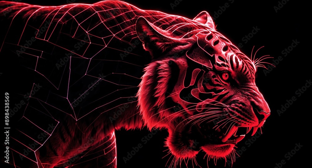 red roaring tiger grid lines hologram projection on plain black ...