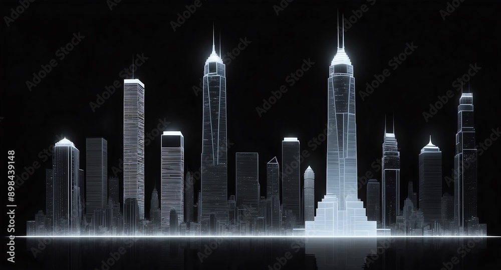 white skyscraper building skyline hologram projection on plain black ...