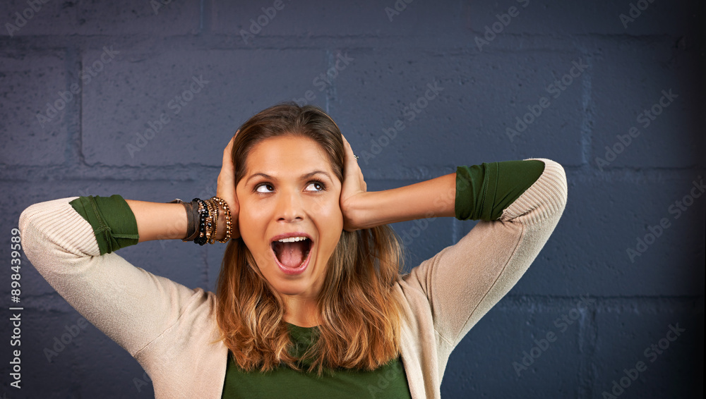 Shock, excited and woman by wall for wow, omg or amazed facial ...
