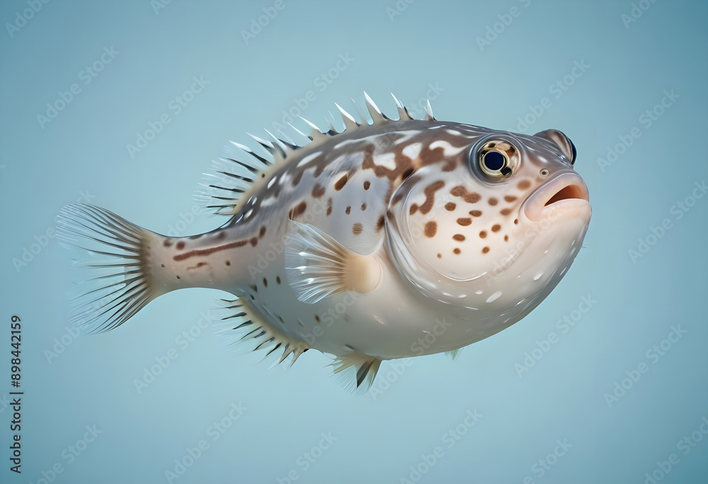 Side view of pufferfish against a blue background. The image has a ...