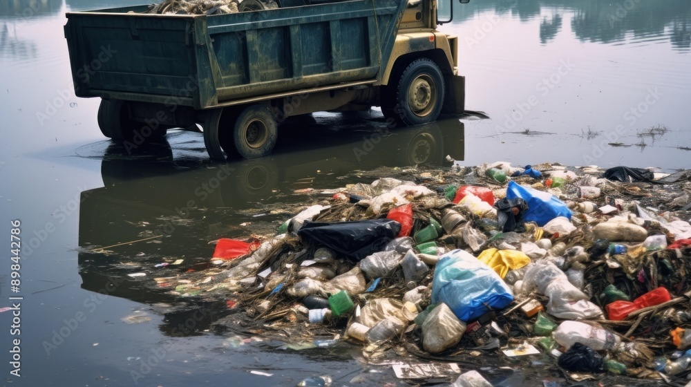 Garbage dump in the river and tractor. Pollution concept. Plastic trash ...
