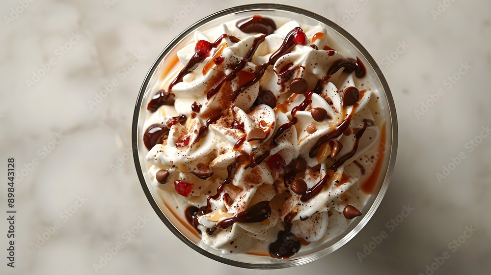 Overhead view of ice cream sundae, glass bowl, vanilla ice cream ...