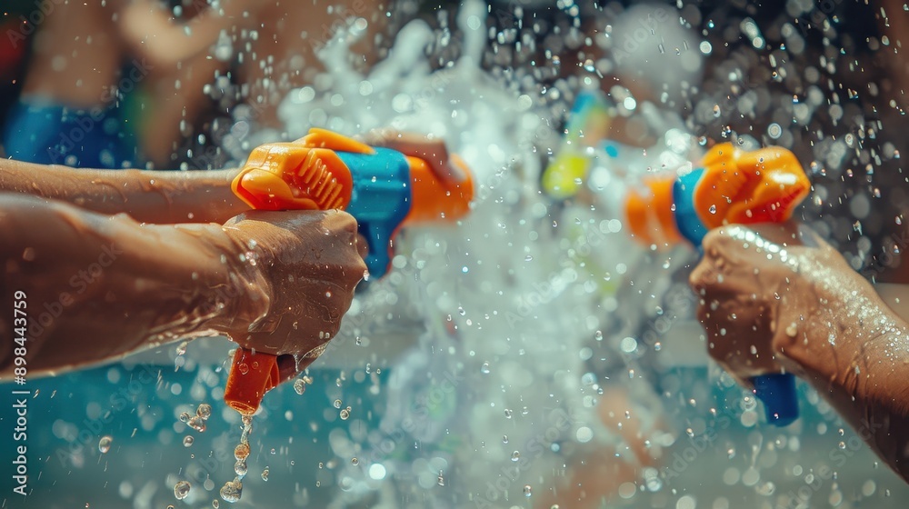 Water gun fight with water splashing, featuring hands holding orange ...