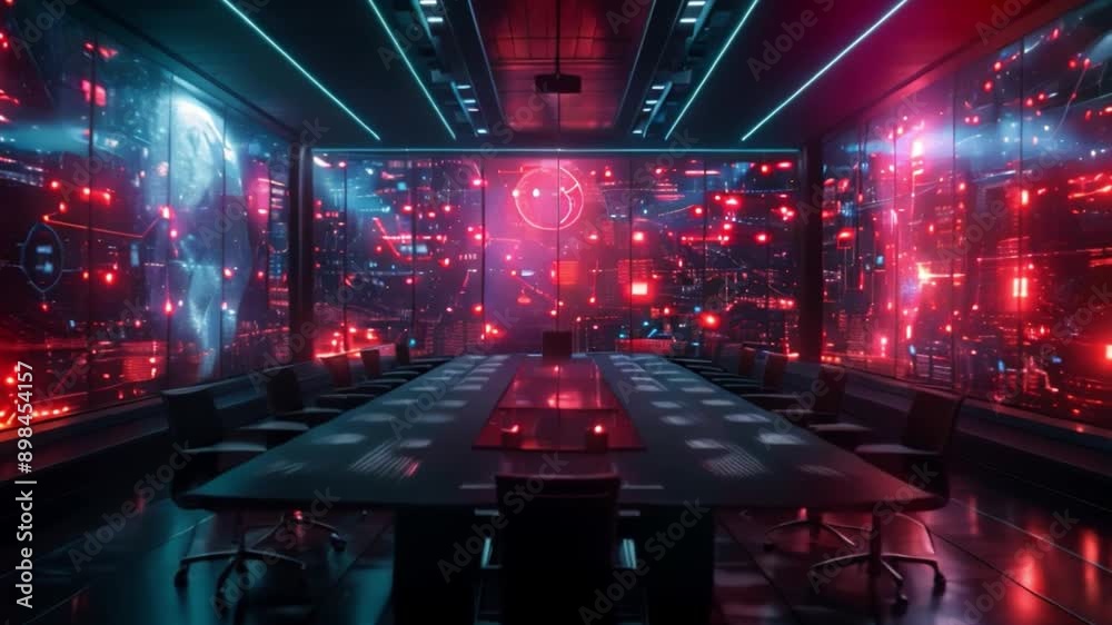 A virtual reality meeting room with a long table and empty chairs. The ...