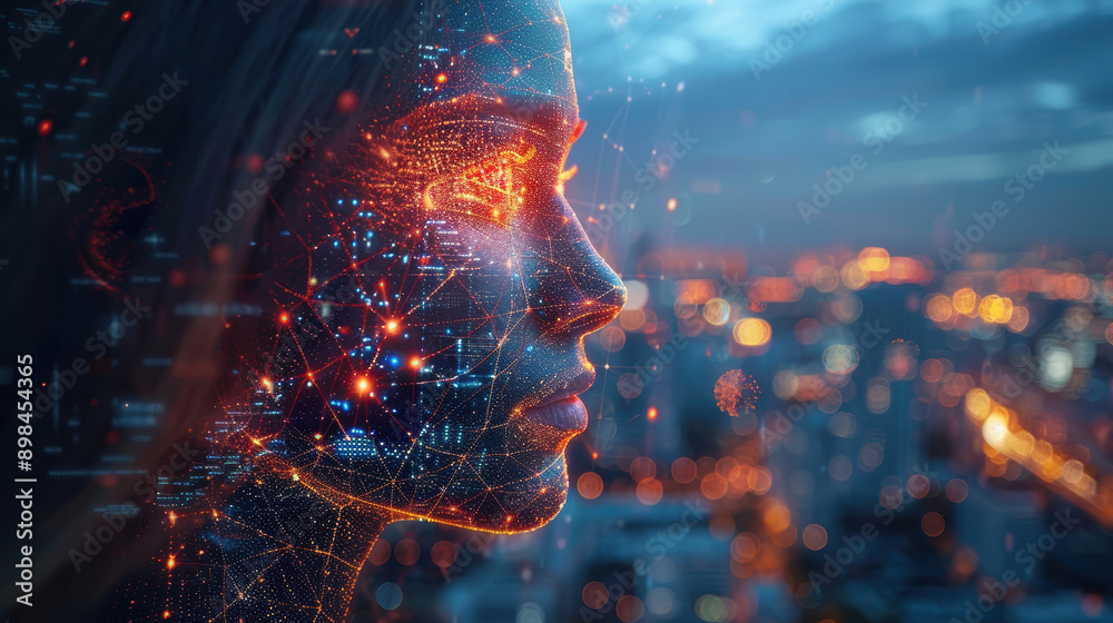 A woman's face is shown in a computer generated image with a city in ...