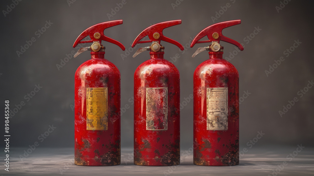 Three fire extinguishers are shown in a row, all of which are red. The ...