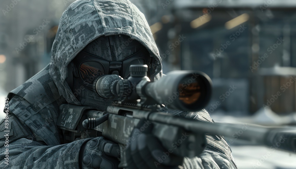 Camouflaged Sniper in Tactical Gear Aiming Rifle with Scope, Military ...