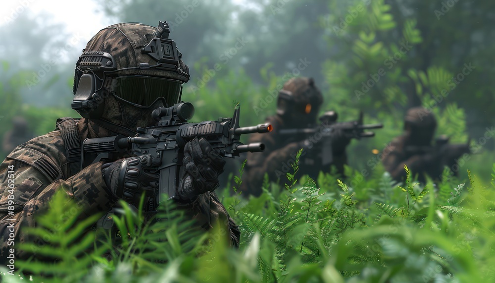 Camouflaged Soldiers Engage in Precision Shooting Training in Dense ...