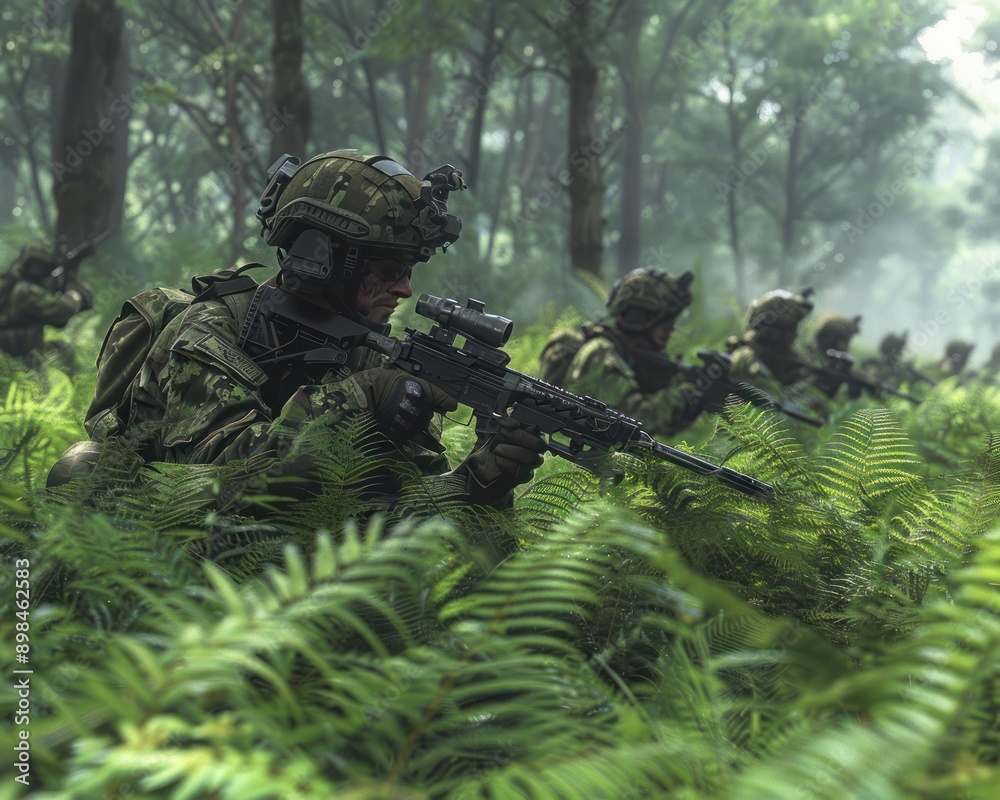 Camouflaged Soldiers in Dense Forest, Ready for Action with Targeting Weapons, Military Training ...