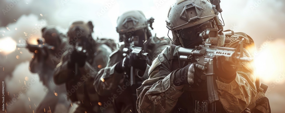 Elite Military Team in Action Army Men in Full Combat Gear Demonstrate ...