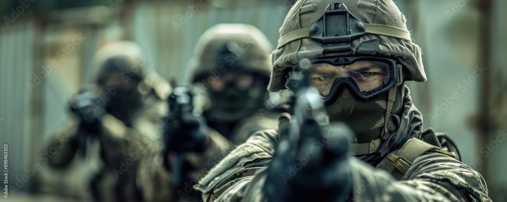 Military Soldiers in Combat Gear Aiming Guns, Action, War, Tactical ...