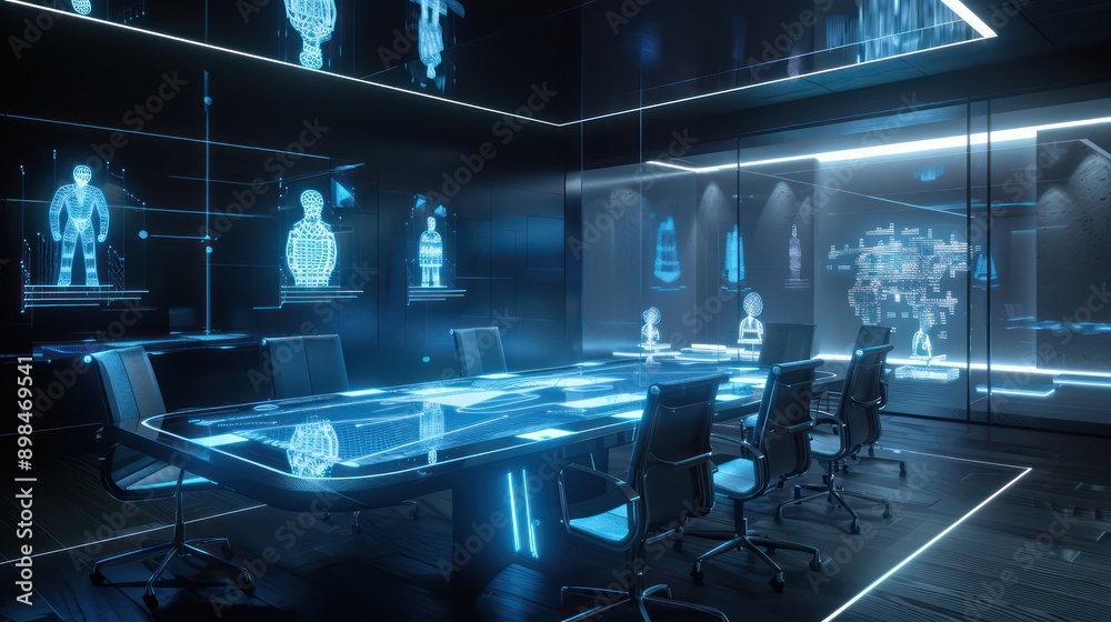 futuristic virtual meeting room with interactive holograms of each ...