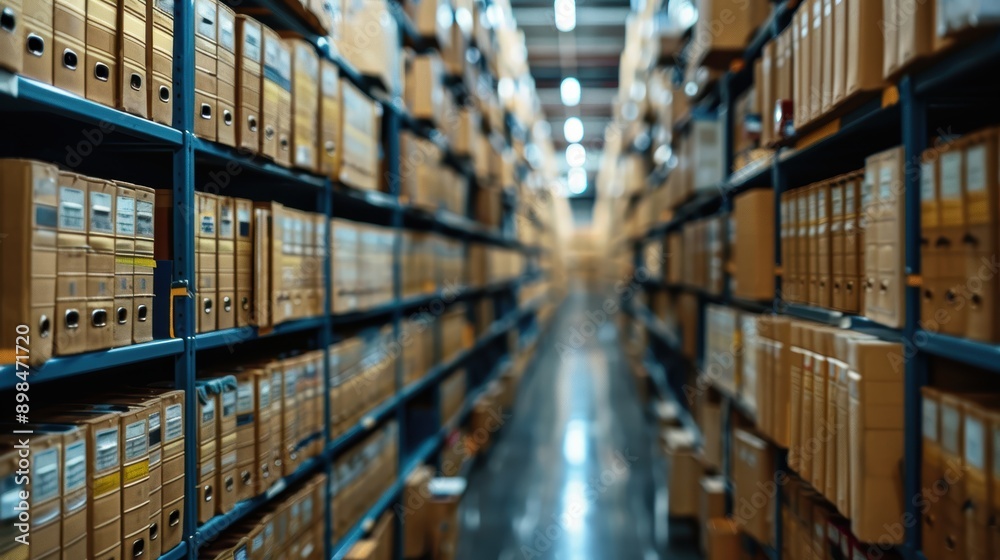 A well-organized archive storage filled with numerous shelves of brown ...