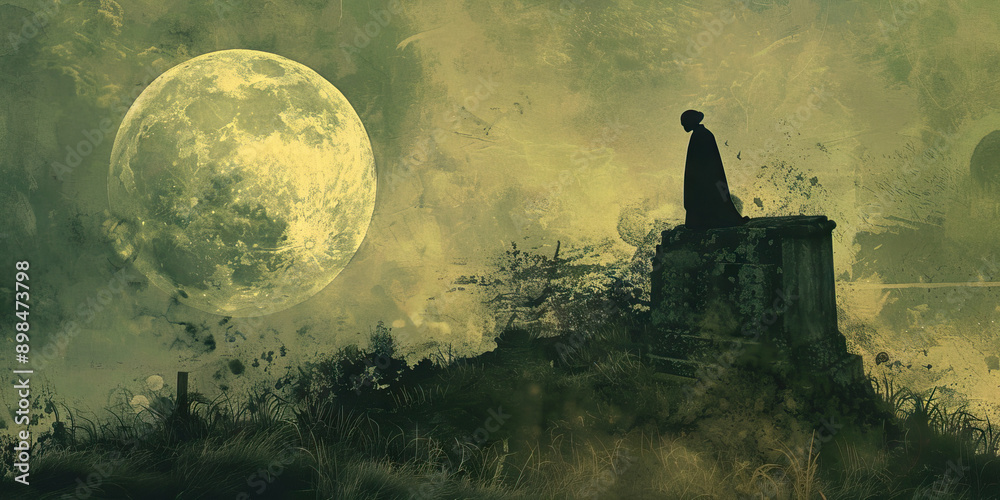 Foto de Ominous Chill of the Night: A lone figure stands by a weathered ...