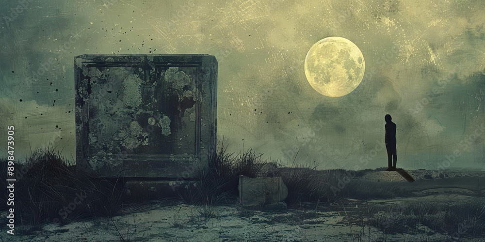 Ominous Chill of the Night: A lone figure stands by a weathered tomb ...
