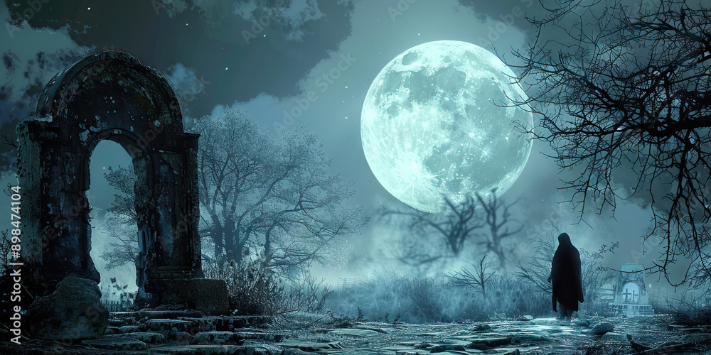 Ominous Chill of the Night: A lone figure stands by a weathered tomb ...