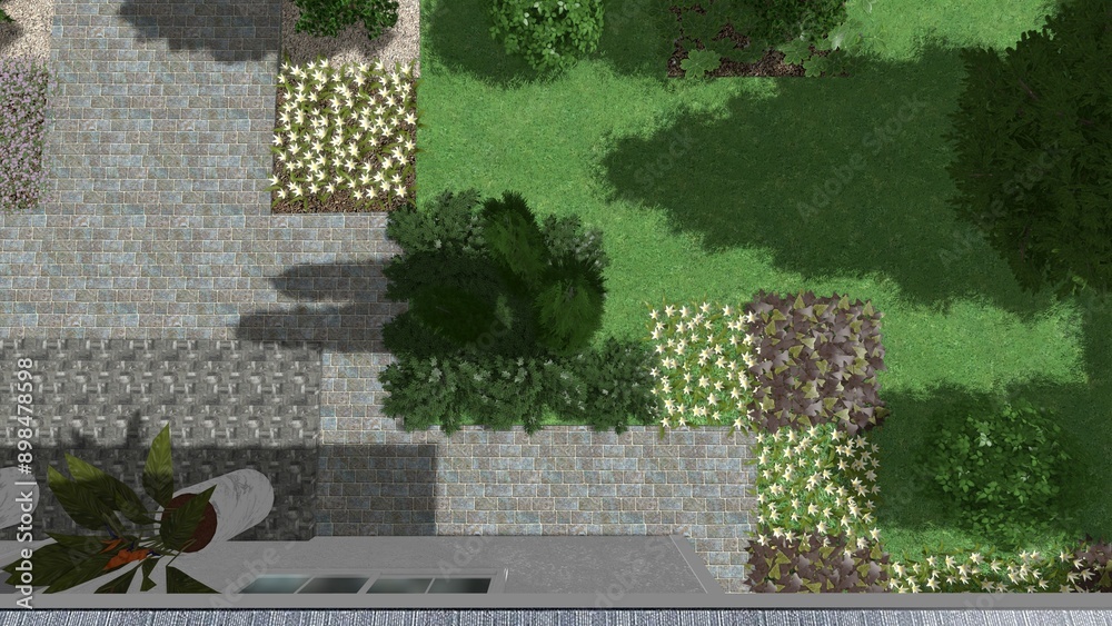 3d image of the landscape design of the home territory. Landscaping of ...