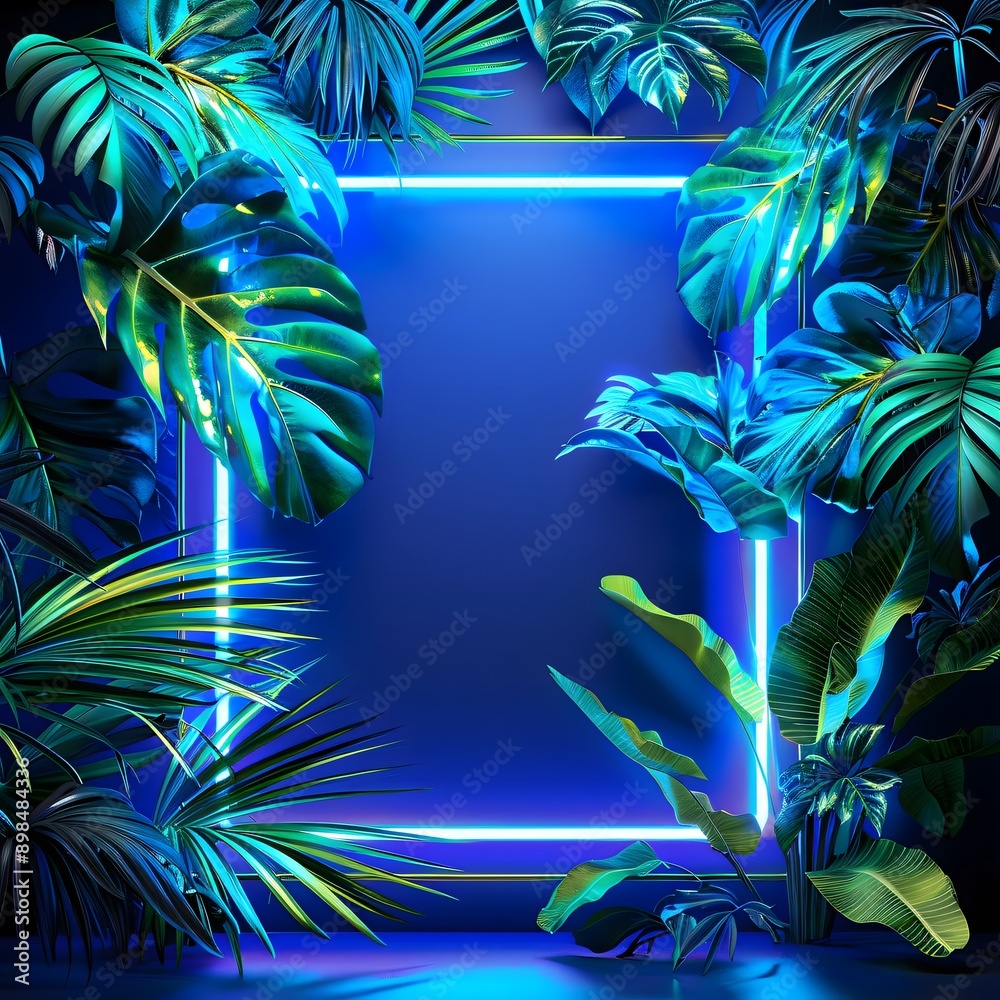 Green and Blue Neon Light with Tropical Leaves. A glowing square neon ...