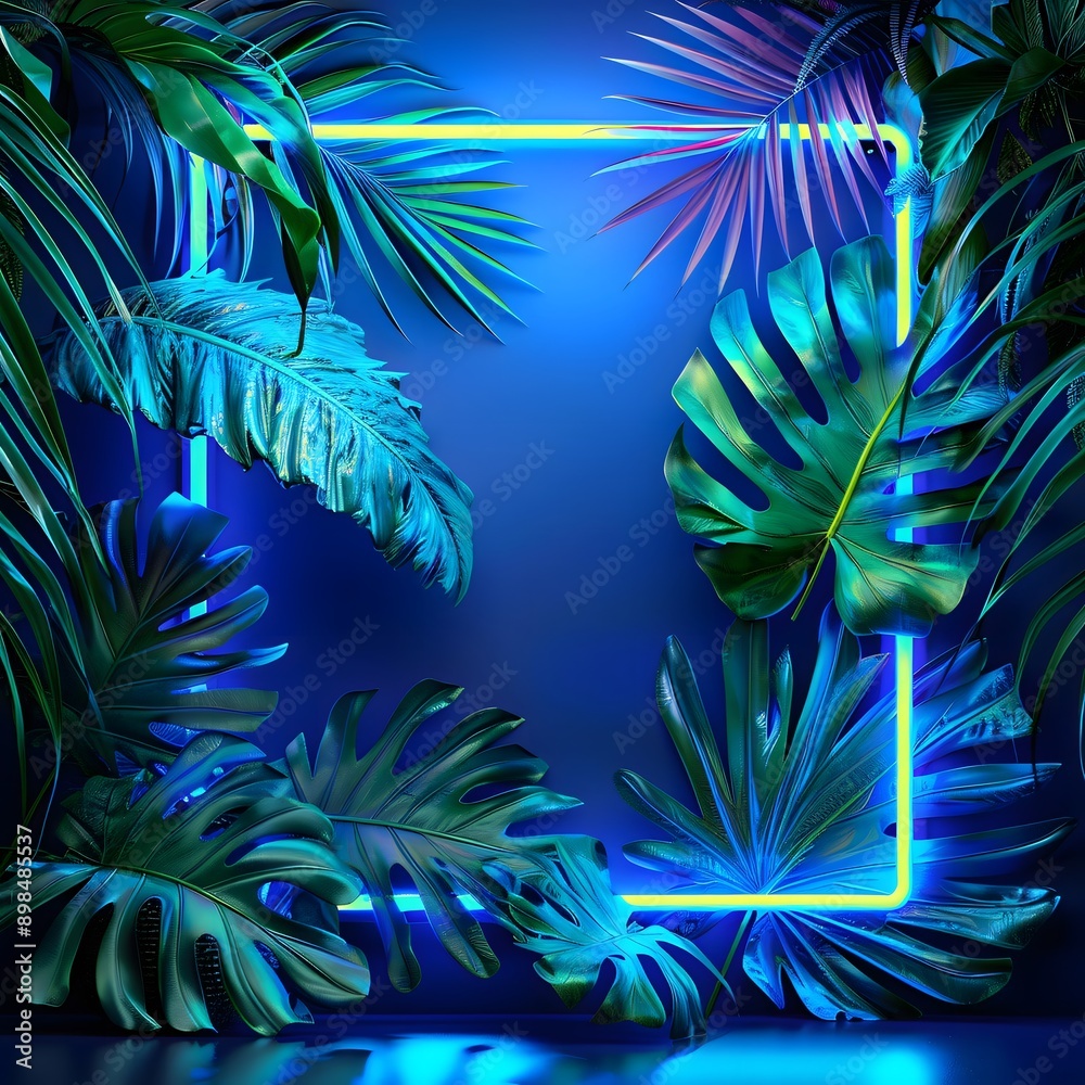Green and Blue Neon Light with Tropical Leaves. A glowing square neon ...
