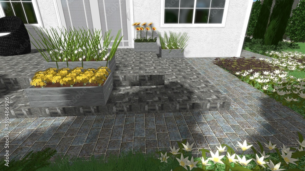 3d image of the landscape design of the home territory. Landscaping of ...