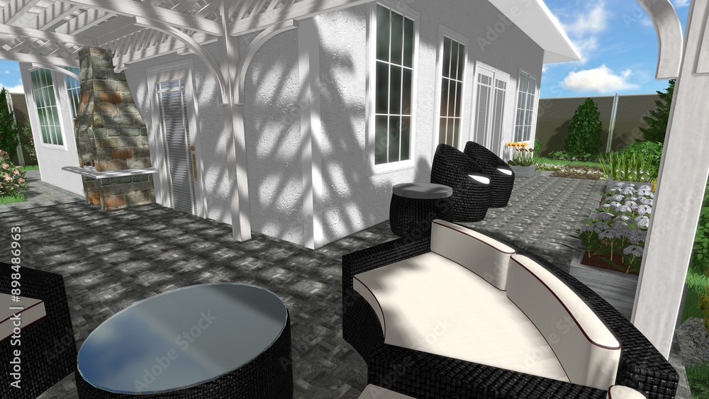 3d image of the landscape design of the home territory. Landscaping of ...