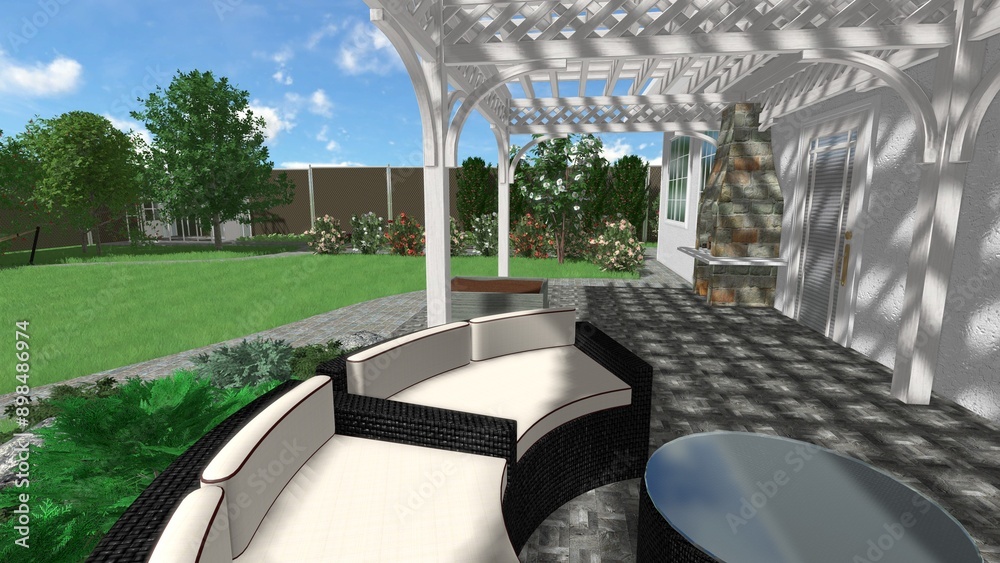 3d image of the landscape design of the home territory. Landscaping of ...