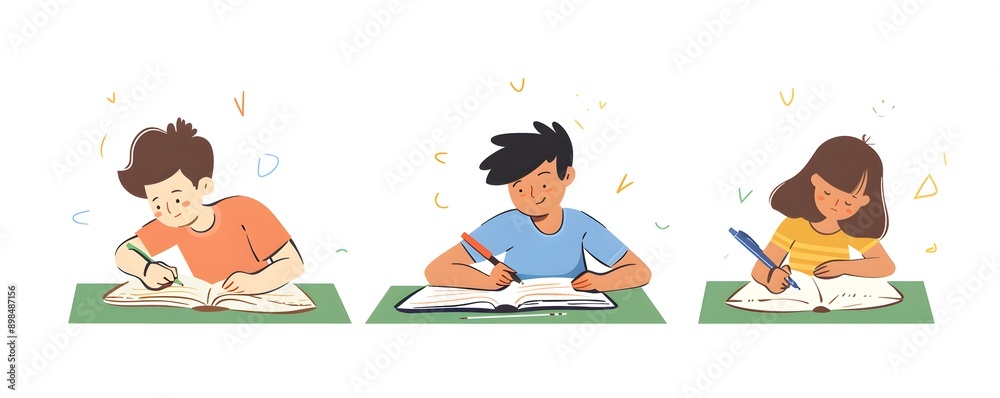 Three children drawing and writing in their notebooks with ...