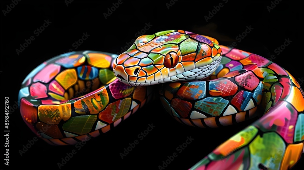Bright snake covered with multi-colored spots on a black background ...