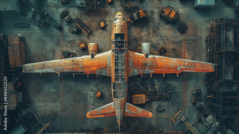 Top View of Decommissioned Airplane in Scrapyard. Top view of a ...